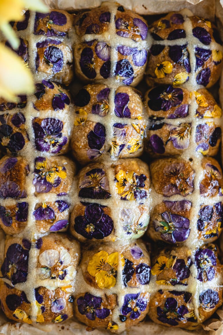 Soft Sourdough Hot Cross Buns Recipe with Edible Flowers - Fare Isle
